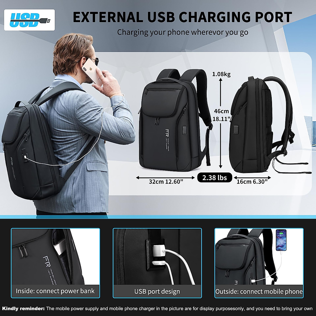 FENRUIEN Laptop Backpack for Men, 15.6 Inch Computer Anti-theft Waterproof Backpack with USB Charging Port and YKK Double Zippers, Business Mens Backpacks for Work Office School Travel