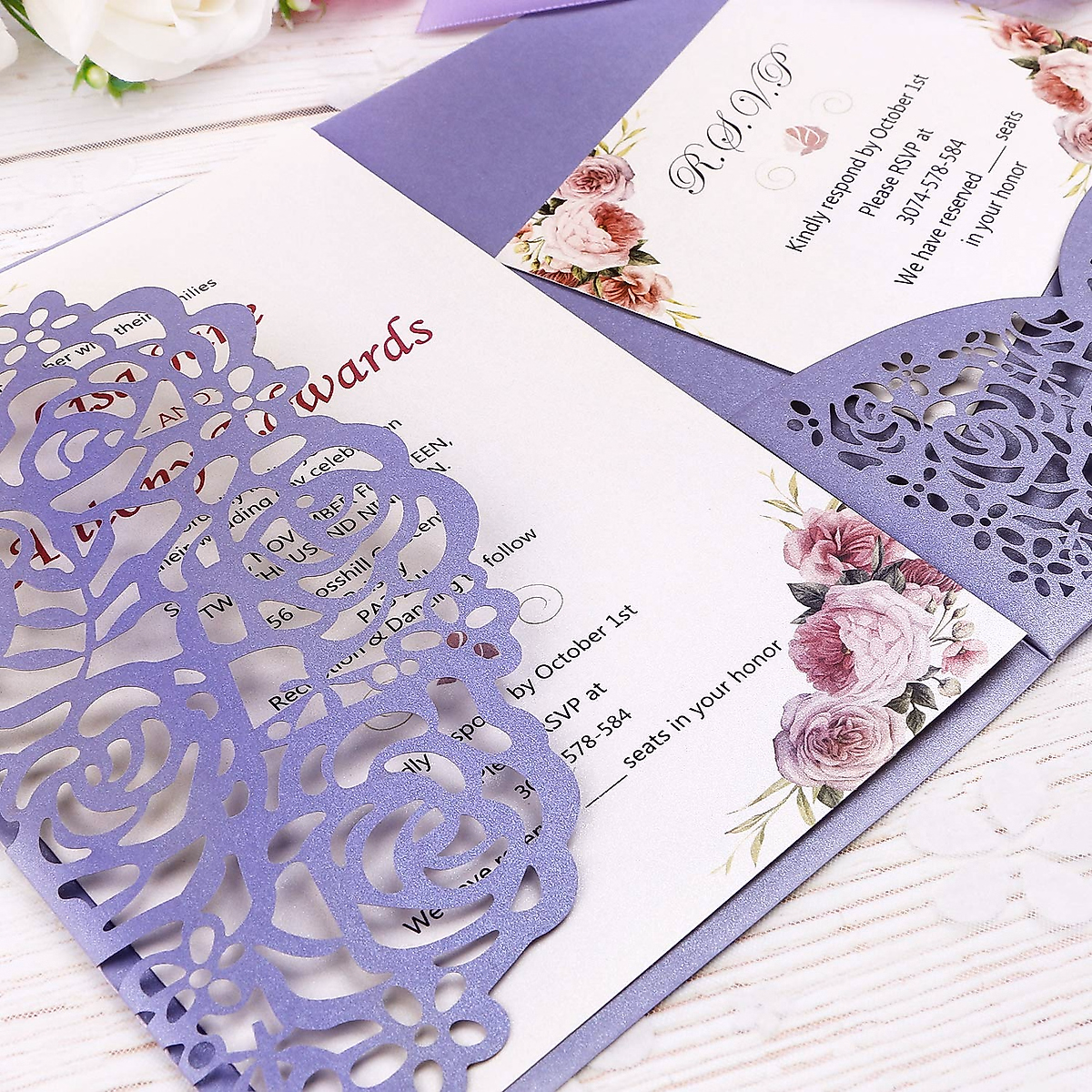 ponatia 20 PCS 3 Folds 5x7'' Wedding Invitations Cards with Envelopes Ribbons for Wedding Bridal Shower Engagement Birthday Graduation Invite (Lavender)