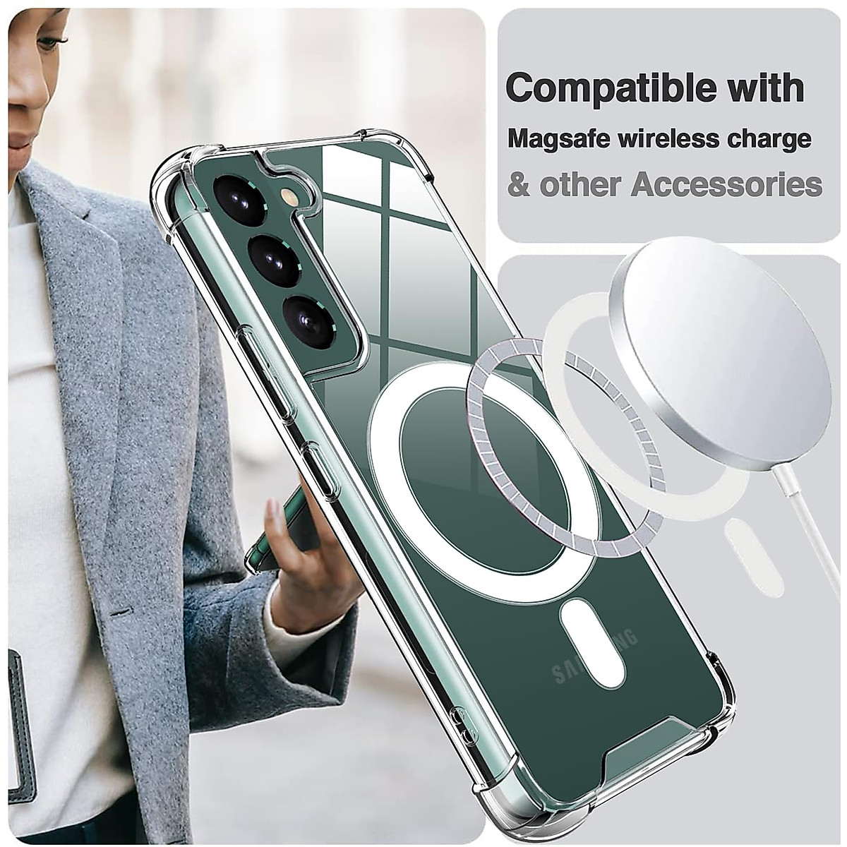 KIOMY Case for Samsung Galaxy S22+ 5G Shockproof Bumper Protective Cover with Airbags Corners Hybrid Design Hard PC Back with Flexible TPU Frame for S22 Plus Clear Magnetic for Magsafe Wireless Charge