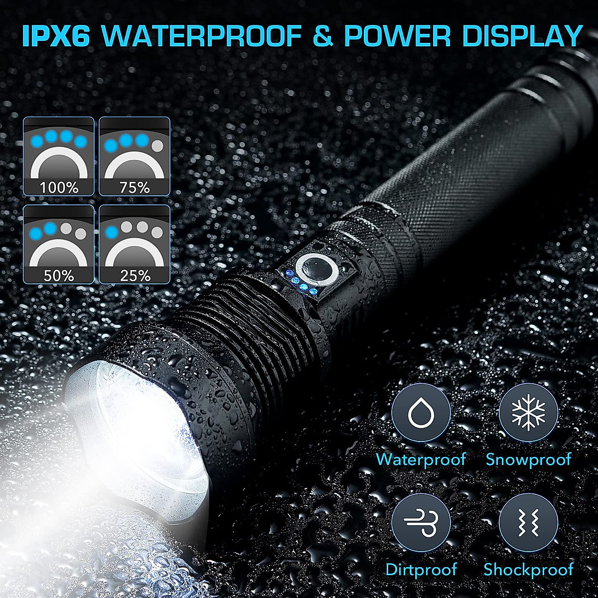JOSHEN Rechargeable LED Flashlights 900000 High Lumens, Super Bright XHP90.2 Tactical Flashlight with Zoomable,5 Modes, Handheld Powerful Flashlights for Emergencies, Hiking, Camping