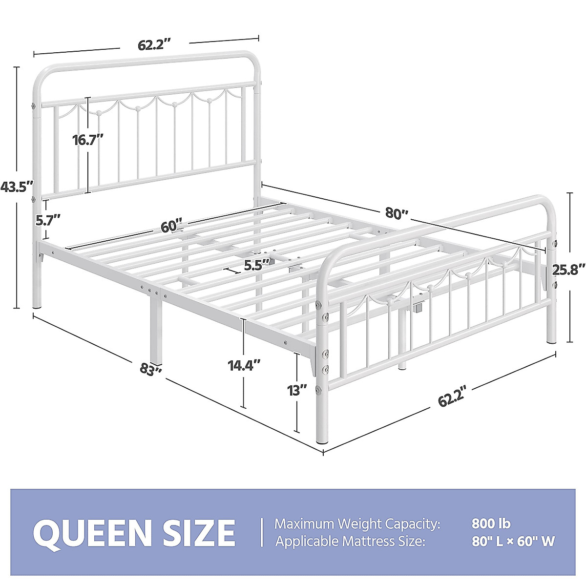 Yaheetech Queen Size Metal Bed Frame with Vintage Headboard and Footboard, Farmhouse Metal Platform Bed, Heavy Duty Steel Slat Support, Ample Under-Bed Storage, No Box Spring Needed, White