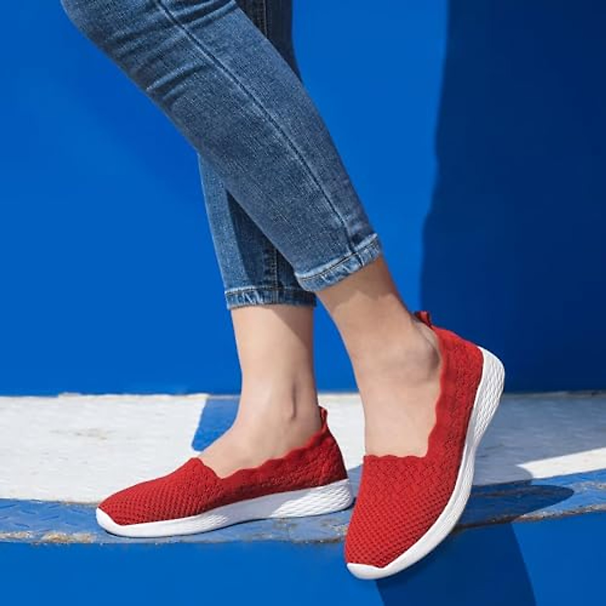 Puxowe Women's Casual Slip on Walking Flat Shoes-Lightweight Low-Top Knit Loafer Sneaker Red Size 8 US