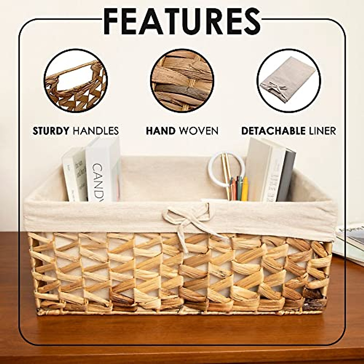 Natural Hyacinth Wicker Storage Baskets, Set Of 3 Hand Woven Water Hyacinth Baskets for Living Room, Organizing Decorative, Woven Basket Organizer Bins with Detachable Lining, Large Medium Small