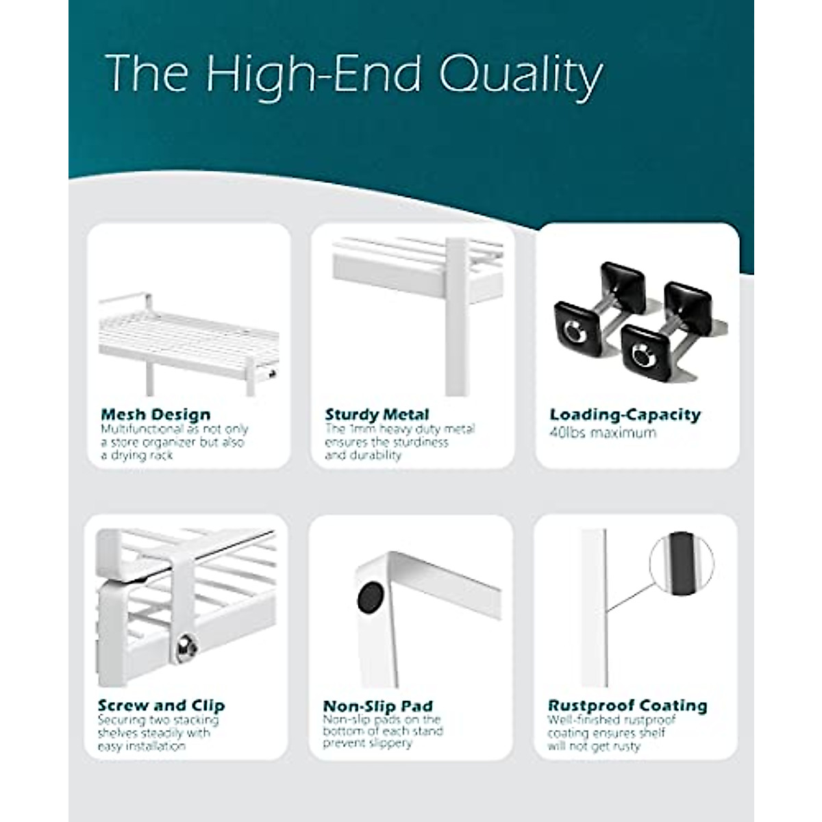 Shantton 2 Pack Kitchen Cabinet Shelf Counter Organizer Rack Pantry Storage Bathroom Bedroom Office Table Desk Space Saving Steel Frame Stackable Rust Resistant Non Slip White