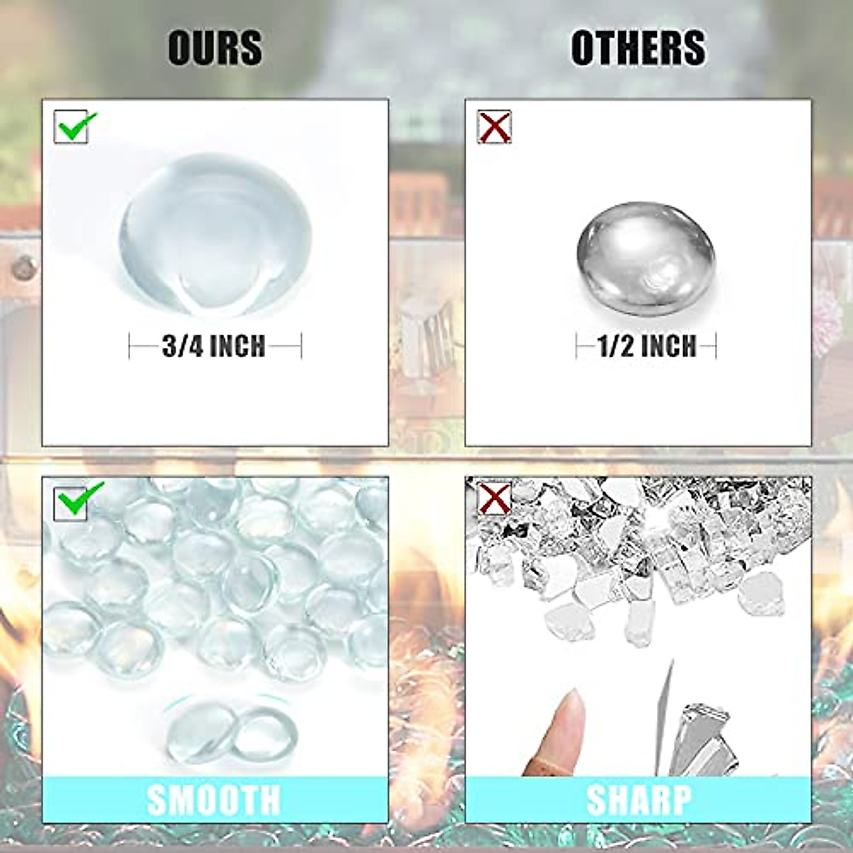 ECOTOUGE Glass Fire Pit Rocks (0.9”, 10lb) for Propane Fire Pit, High Luster Reflective Fire Glass Beads, Safe Gas Fire Pit Glass Rocks for Natural (Pure)