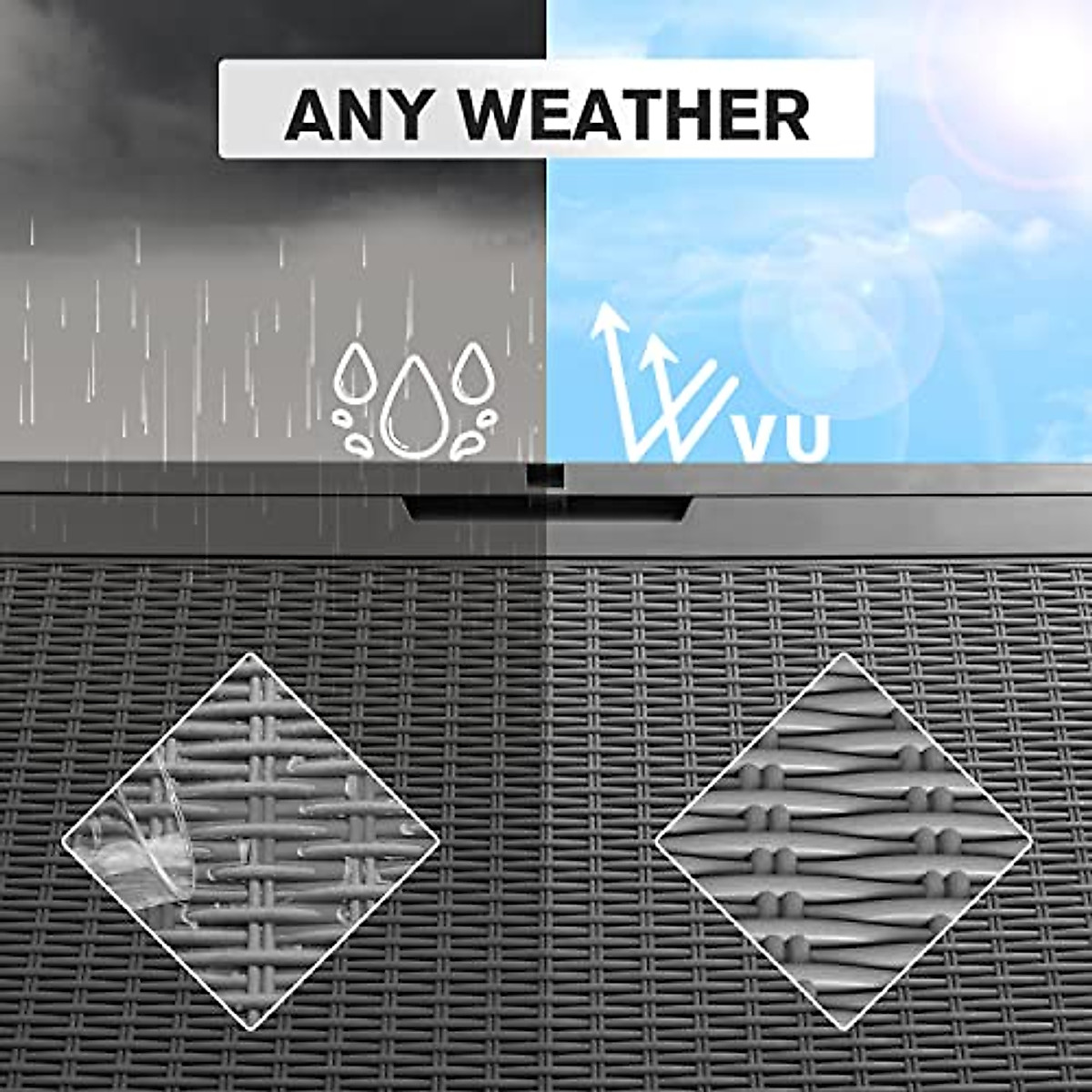 JUMMICO 100 Gallon Large Resin Deck Box Waterproof Outdoor Indoor Storage Box Imitation Rattan Storage Lockable Container for Garden Pool Cushions Patio Furniture (Gray)