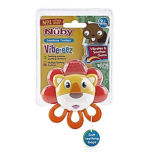 Nuby Vibe-eez Vibrating Teether - Battery Powered - Textured Surface and Easy to Grasp Toy for Baby Teething Relief - 3+ Months - Lion