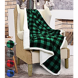 Catalonia Buffalo Plaid Green Sherpa Throw Blanket, Reversible Soft Fuzzy Comfy Snuggly Throws for Couch, 50x60 inches, St. Patrick Gift