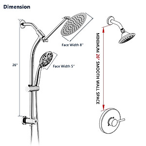 UCLIMAA Rainfall 8 Inch Round Shower Head with High Pressure Handheld Spray Combo, Drill-Free Slide Bar with Adjustable Shower Extension Arm, 3-Way Low Diverter for Easy Reach, 5Ft Hose- Chrome