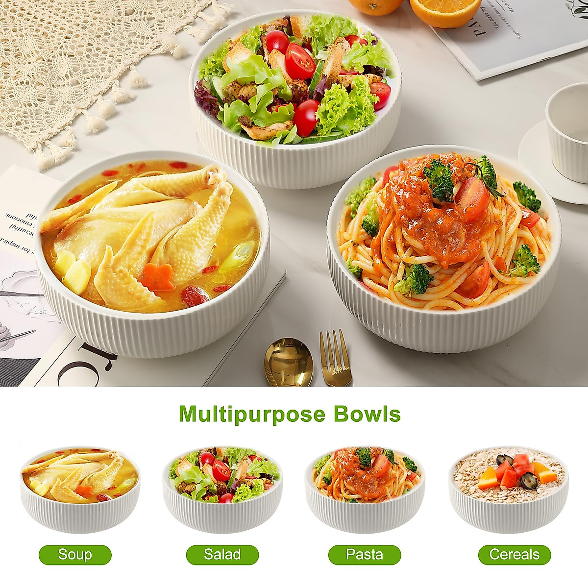 KMIGRUAN 60oz Salad Bowl Set,2 Pack Serving Bowls for Entertaining,8inch Large White Ceramic Bowl for Side Dishes,Soup, Pho, Cereal, Pasta, Fruit, Microwave and Dishwasher Safe