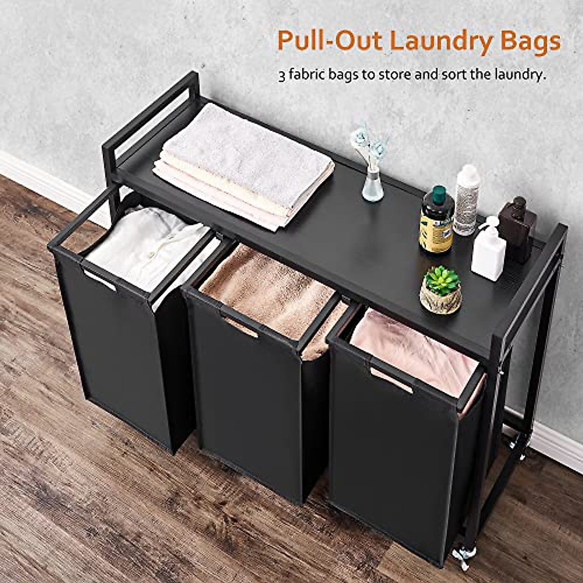 Herture Laundry Basket, 3 Compartment Laundry Hamper, 3 x 10 Gal (38L), with Shelf Rolling Laundry Sorter Organizer, Pull- Out Laundry Sorter with 3 Removable Laundry Bags Black PF01XLB
