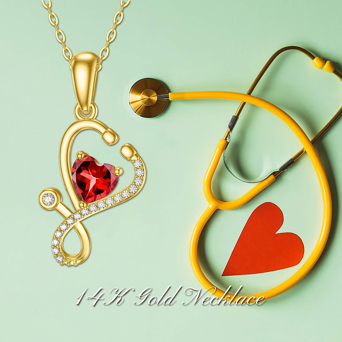 Yafeeso 14K Gold Stethoscope Necklace for Wonen, Heart-Shaped Stethoscope Pendant Necklace Medical Jewelry for Doctor Nurse Medical Student Gifts,16+2 Inch (Style 2)
