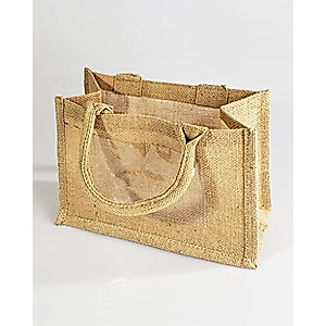 TBF Sturdy Cute Natural Jute Burlap Small Rustic Wedding Welcome Gift Bags with Clear Front Pocket (12 Pack)