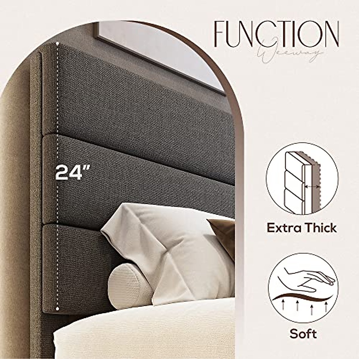 WEEWAY Full Size Bed Frame Platform Bed with Linen Fabric Upholstered Headboard and Wooden Slats Support, Heavy Duty Mattress Foundation, No Box Spring Needed, Easy Assembly, Dark Grey