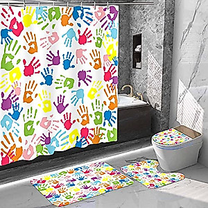 NTETSN 4 PCS Watercolor Shower Curtain, Handprint in Rainbow Color Bathroom Curtain Sets for Kids,Non-Slip Rugs, Toilet Lid Cover, Bath Mat, 12 Hooks for Curtain 72x72 Inch SETYYNT4