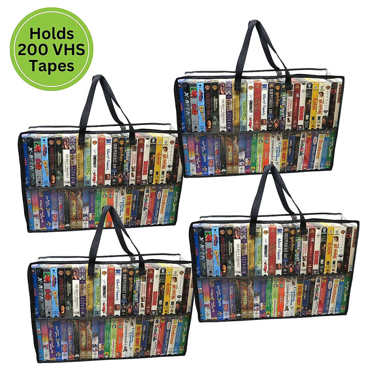 Evelots 4 Pack-VHS Movie Tape Storage Bag/Case, Clear PVC Plastic-Holds 200 Total, Strong Handles-No Dirt/Moisture/Dust