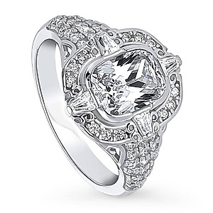 BERRICLE Sterling Silver Art Deco Cubic Zirconia CZ Statement Fashion Ring for Women, Rhodium Plated Size 7