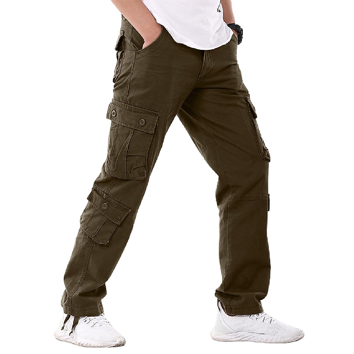 Raroauf Tall Girls Casual Pants for Women's Mid-Rise Cotton Work Cargo Pants Y2K Baggy Tactical Combat Trousers 8 Pockets Army Green Size 44/US 22