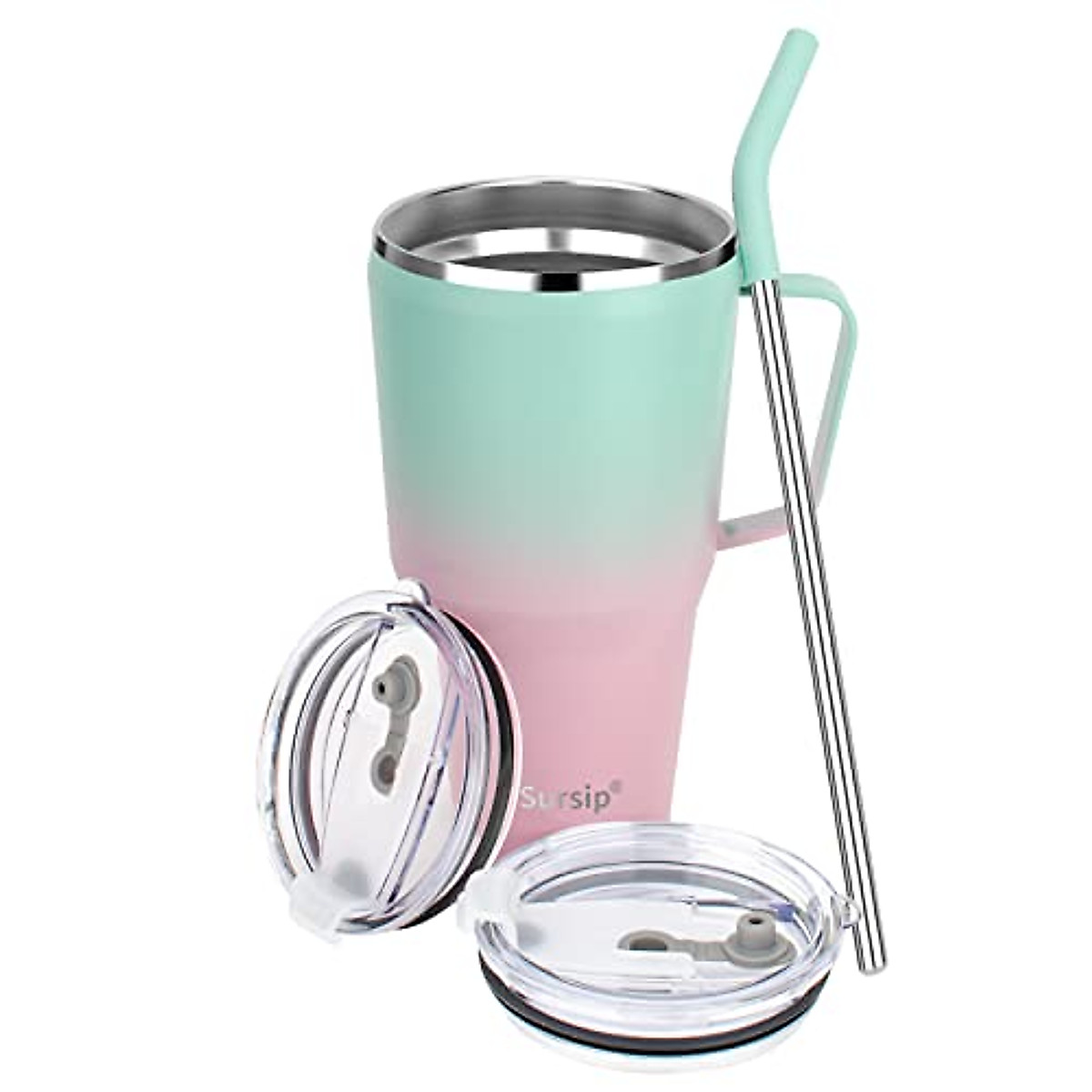 Sursip 30oz Mug Tumbler-Stainless Steel Vacuum Insulated Mug with Handle,Lid and Straw,Fit for Car Holder,Keeps Drinks Cold up to 24 Hours,Sweat Proof and Leak Proof,Dishwasher Safee-Green&Pink