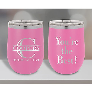Custom Stemless Wine Cup 12oz Add Monogram Initial Stainless Steel Vacuum Insulated Wine Tumbler With Lid Pink