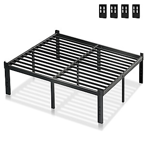 Queen Bed Frame 16 Inch High Metal Platform Bed Frame with 4 Mattress Retainers Heavy Duty Steel Slats Black Kids Queen Size Bed Frame with Headboard Hole No Box Spring Needed Noise Free Easy Assembly