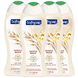 Softsoap Oat Milk and Vanilla Body Wash, Hypoallergenic Body Wash for Sensitive Skin, Dermatologist Tested, pH Balanced, No Parabens, No Phthalates, 20 OZ, 4 Pack