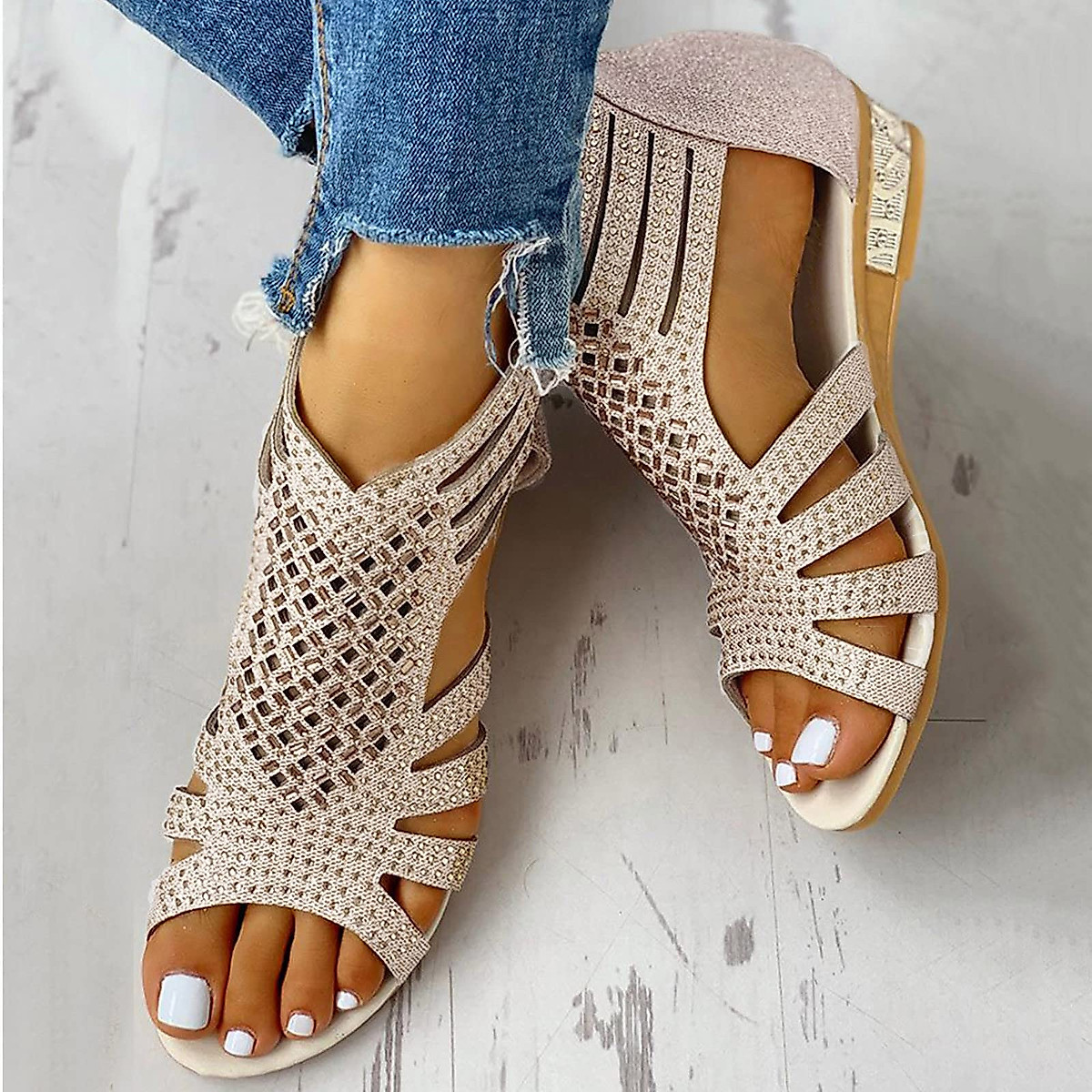 Wedge Sandal for Women Ankle Strap Flatform Arch Support Fish Mouth Toe Retro Platform Shoes Non-Slip Breathable Cushion Wide Sparkle Sparkly Glitter Hollowed out Back Zipper Rhinestone H32-Beige