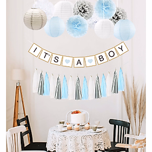 Baby Shower Decorations Boy (Blue, White, Grey)- It's A Boy Banner, Tissue Paper Poms, Paper Lanterns and Tassels Garland- Baby Boy Gender Reveal Birthday Party Decorations