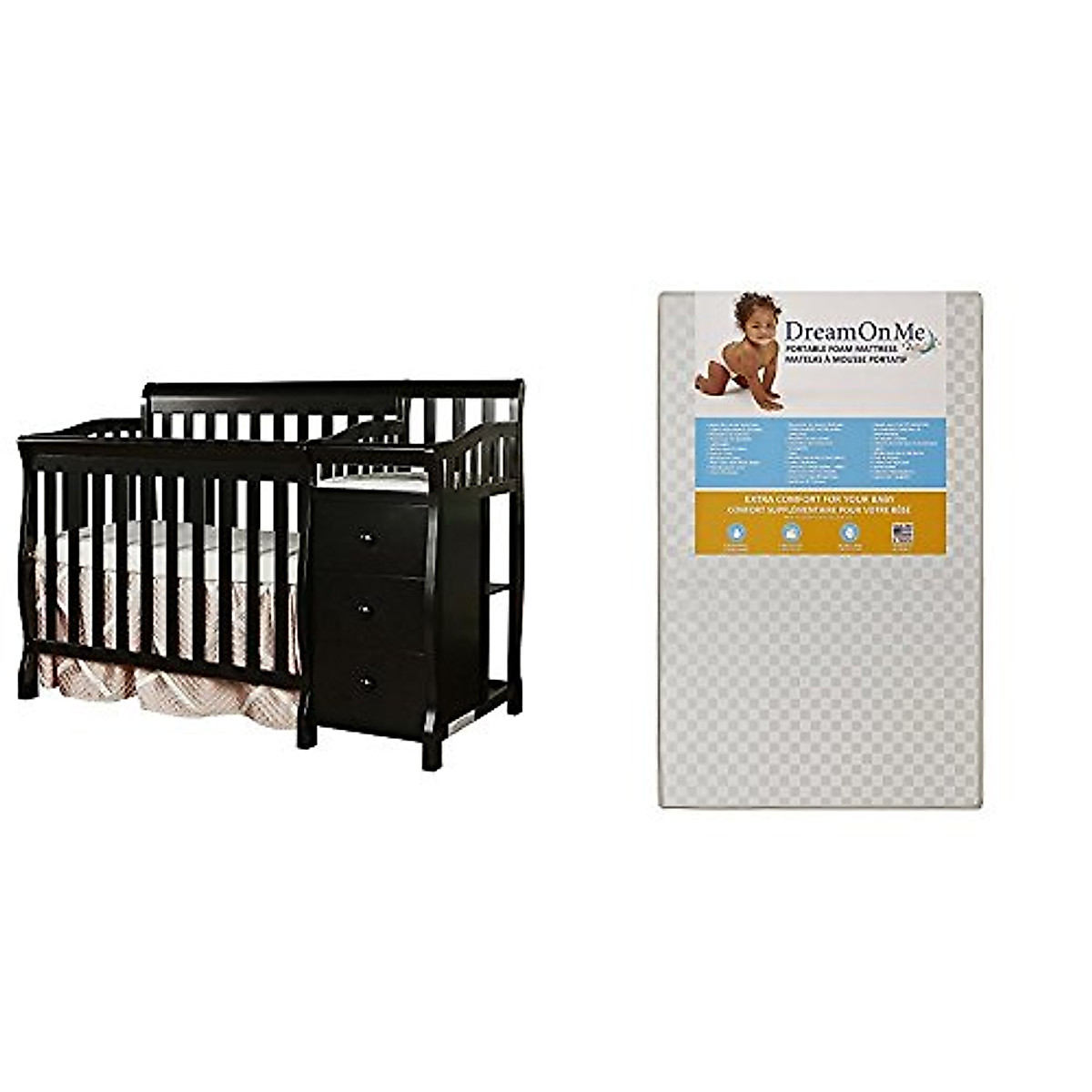 Dream On Me Jayden 4 in 1 Convertible Portable Crib w/ Changer with Dream On Me 3 Portable Crib Mattress, White