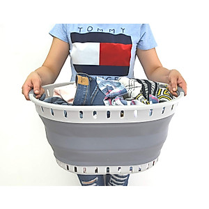 SAMMART 25L (6.6 gallon) Collapsible Plastic Laundry Basket - Foldable Pop Up Storage Container/Organizer - Portable Shopping Basket - Space Saving Hamper (Oval, Dark Grey)