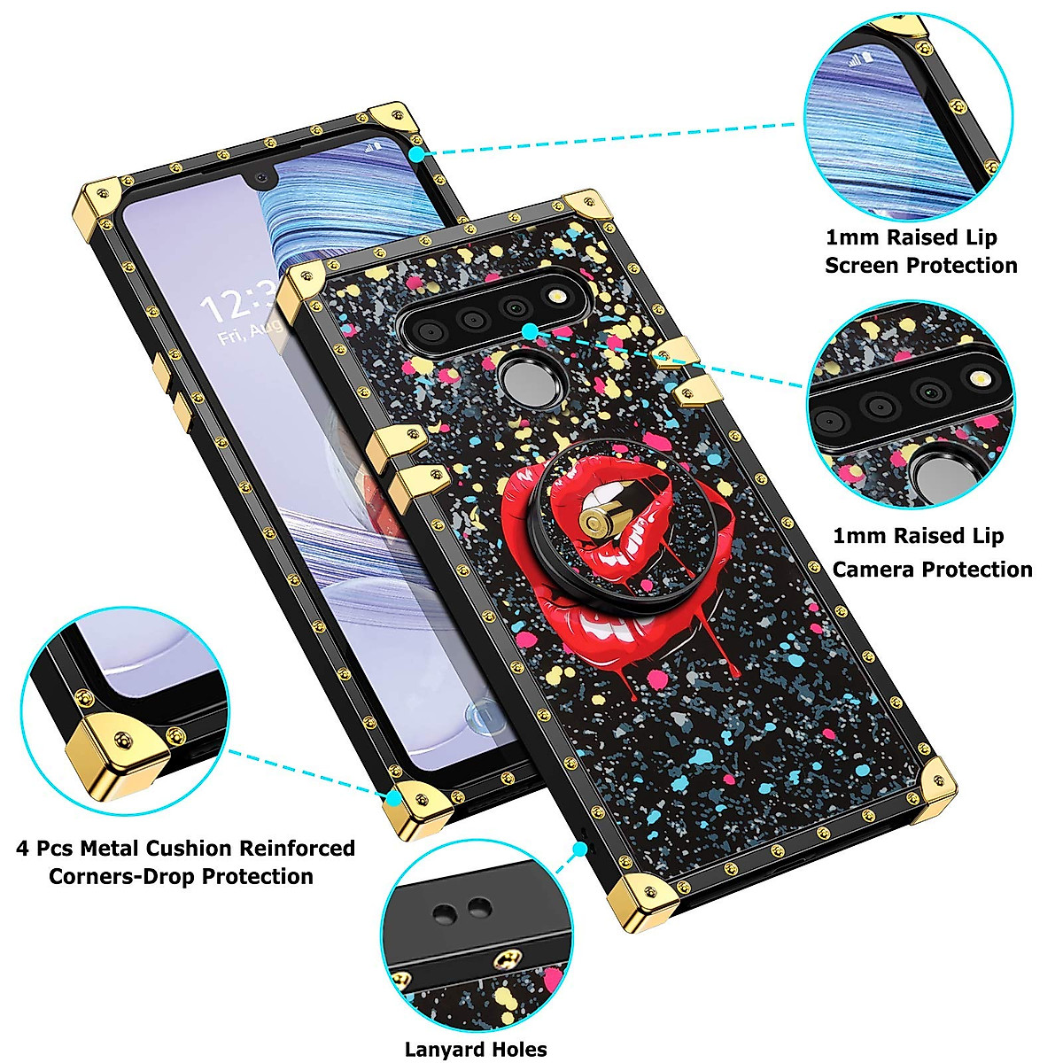 JAKPAK Case for LG Stylo 6 Case with Kickstand for Girls Women Soft TPU Luxury Stylo 6 Case with Strap Shockproof Protective Heavy Duty Metal Cushion Reinforced Corner Case for LG Stylo 6 Lip Black