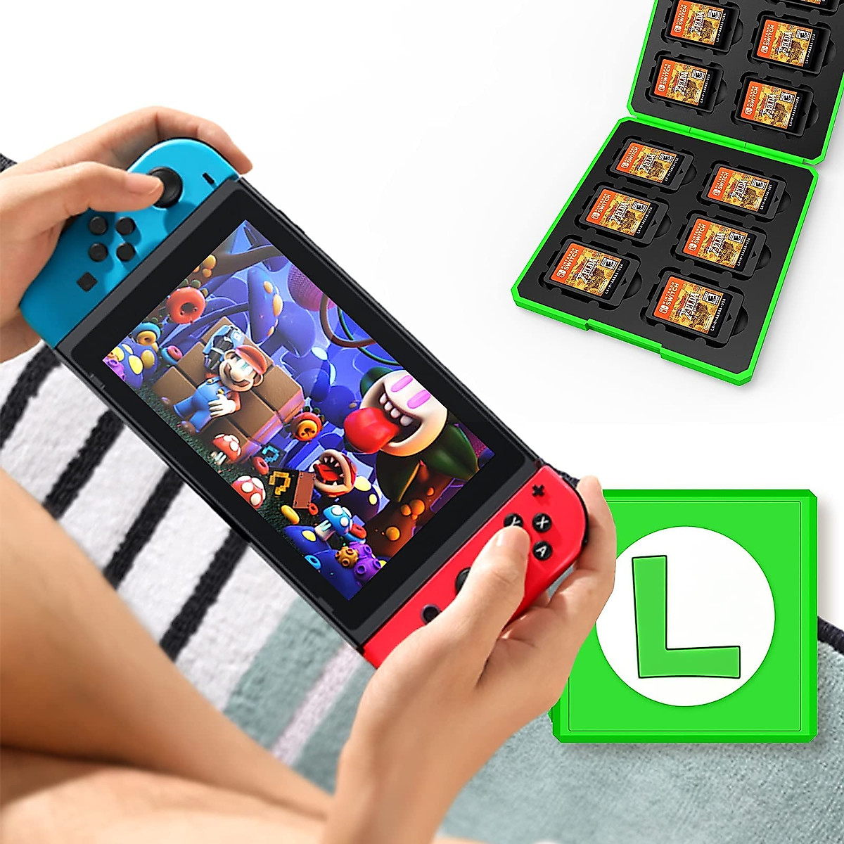 UFOPETIE 12 in 1 Games Card Case for Nintendo Switch Game Card,Compatible with Nintendo Switch Case Mario Theme,Game Case for Mario Cards,for Mario Switch Accessories-Mario Green L-Thumb Grip 2PCS