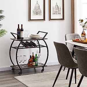 LVB Bar Cart with Wine Rack, 2 Tier Kitchen Cart on Wheels, Industrial Wood and Metal Portable Coffee Cart Table for Home, Rustic Modern Mobile Rustic Rolling Serving Cart with Shelves, Dark Oak