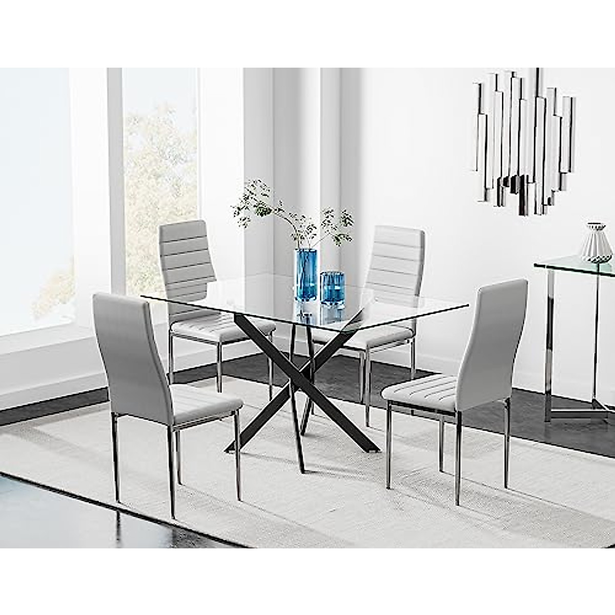 NIERN Tempered Glass Dining Table with Black Metal Legs, 47" Modern Rectangular Kitchen Table for Dining Room Kitchen,Black