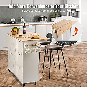 VEVOR Kitchen Island Cart with Solid Wood Top, 45.3" Width Mobile Carts with Storage Cabinet, Rolling Kitchen Table with Spice Rack, Towel Rack, Drop Leaf and Drawer, Portable Islands on Wheels, White