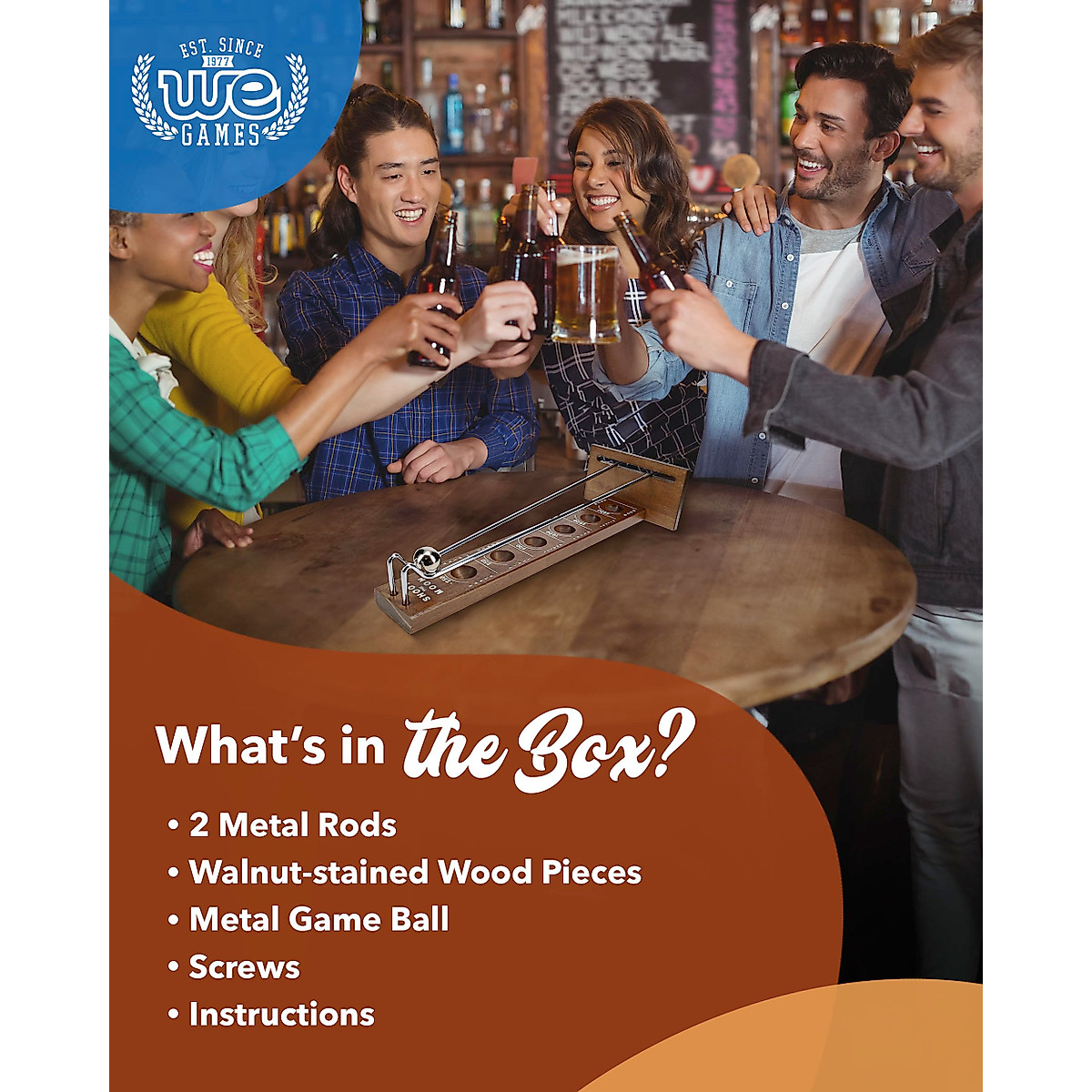 WE Games Shoot The Moon Game, Large 18 inches, Walnut Stained Solid Wood Board with Metal Ball and Rods, Retro Balancing Game for Family and Bar