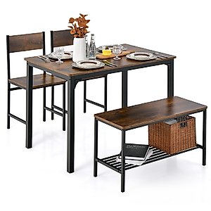 Giantex Dining Table Set for 4, Kitchen Table with Bench and Chairs, Industrial Gathering Bench Dining Set W/Metal Frame & Storage Rack, Dinette Set, Modern Functional Desk Set (Coffee)