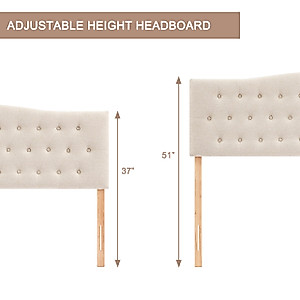Huatean Home Tufted Upholstered Headboard Queen Size, Sturdy and Durable Solid Wood Bed headboard, Fabric Headboard Adjustable Height from 37” to 51”, Modern Button Diamond Design Head Board, Beige