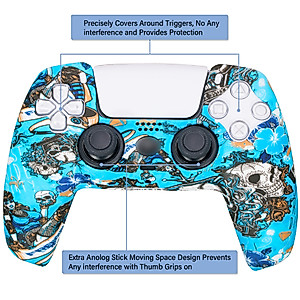 YoRHa Water Transfer Printing Silicone Thickened Cover Skin Case for PS5 Controller x 1(Witch) with Thumb Grips x 10