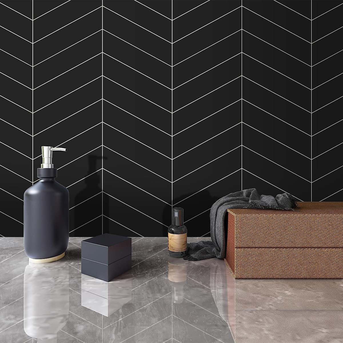 SUNWINGS Chevron Backsplash Tile for Kitchen Peel and Stick, Arrow Stone Composite Self Adhesive Tiles Mosaic Wall Tile for Kitchen 10 Sheets Black