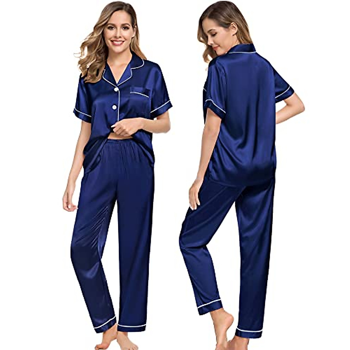 SWOMOG Women Satin Silk Pjs Sets Short Sleeve Top & Pants Soft Loose Loungewear Matching Couple Pajamas Sets Navy Blue