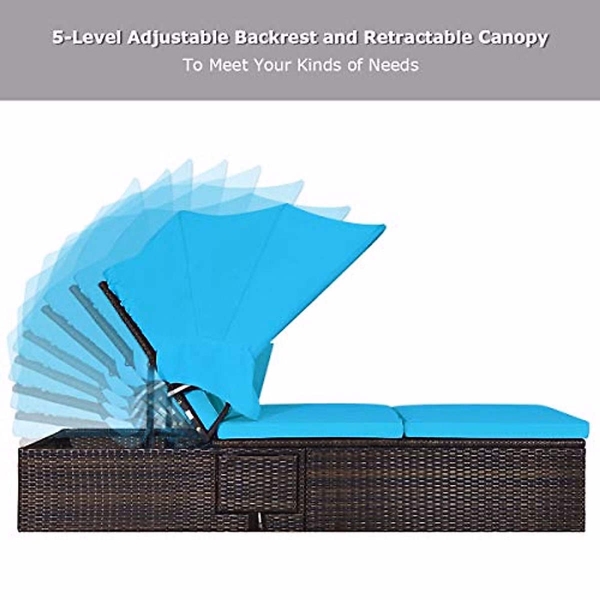 Tangkula 2PCS Outdoor Chaise Lounge Chair with Folding Canopy, Adjustable Cushioned Reclining Chair with Flip-up Tea Table, Rattan Sun Lounger for Beach Poolside Backyard Balcony Porch (2, Turquoise)
