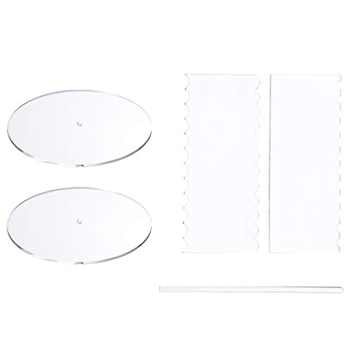 AQUIVER 8.25" Acrylic Round Cake Disk Set - Cake Discs Circle Base Boards with Center Hole (Set of 2) - 2 Comb Scrapers (4 Patterns) & Dowel Rod - Supplies for Cakes