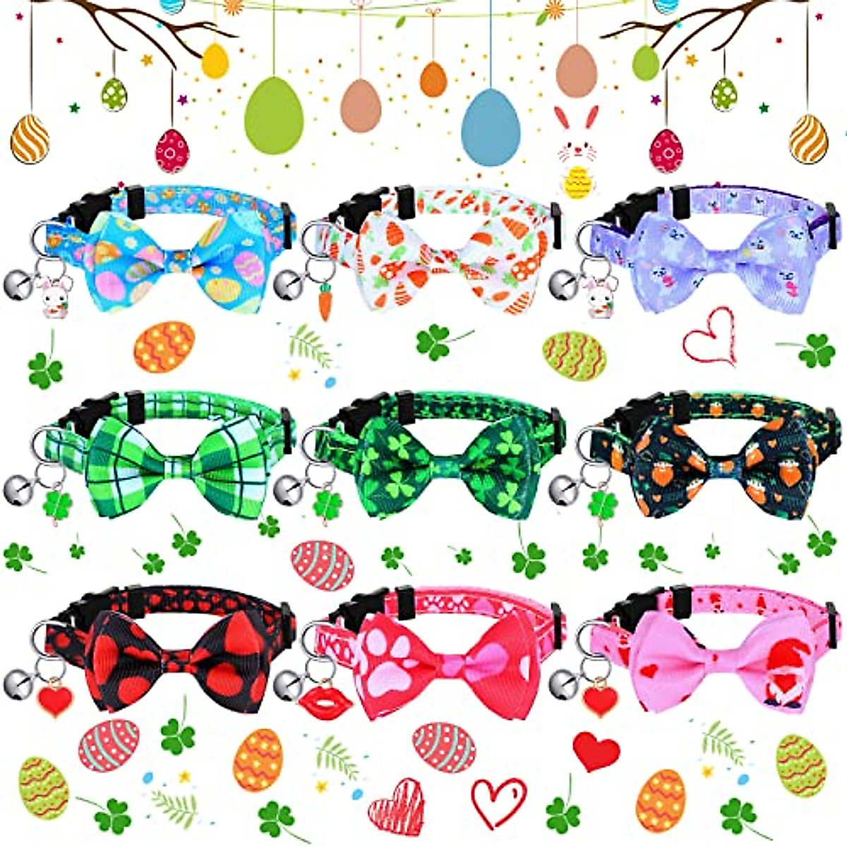 9 Pcs Holiday Cat Collars Easter Breakaway Cat Collar with Bow Tie and Bell Adjustable St. Patrick's Day Valentine's Day and Safety Buckle Collars for Kitten Puppy Festivals and Daily (Medium)