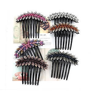 inSowni 6 Pack Luxury Glitter Sparkly Gems Rhinestones Crystals leaf Black Plastic Decorative Hair Side Combs French Twist Slides with Long Teeth Hair Bun Updo Accessories Hairpins Barrettes Clips for