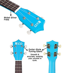 iECO Soprano Ukulele Beginner Kit for Kids Adults 21 Inch Ukelele w/Case Strap Tuner Strings Picks (Blue)