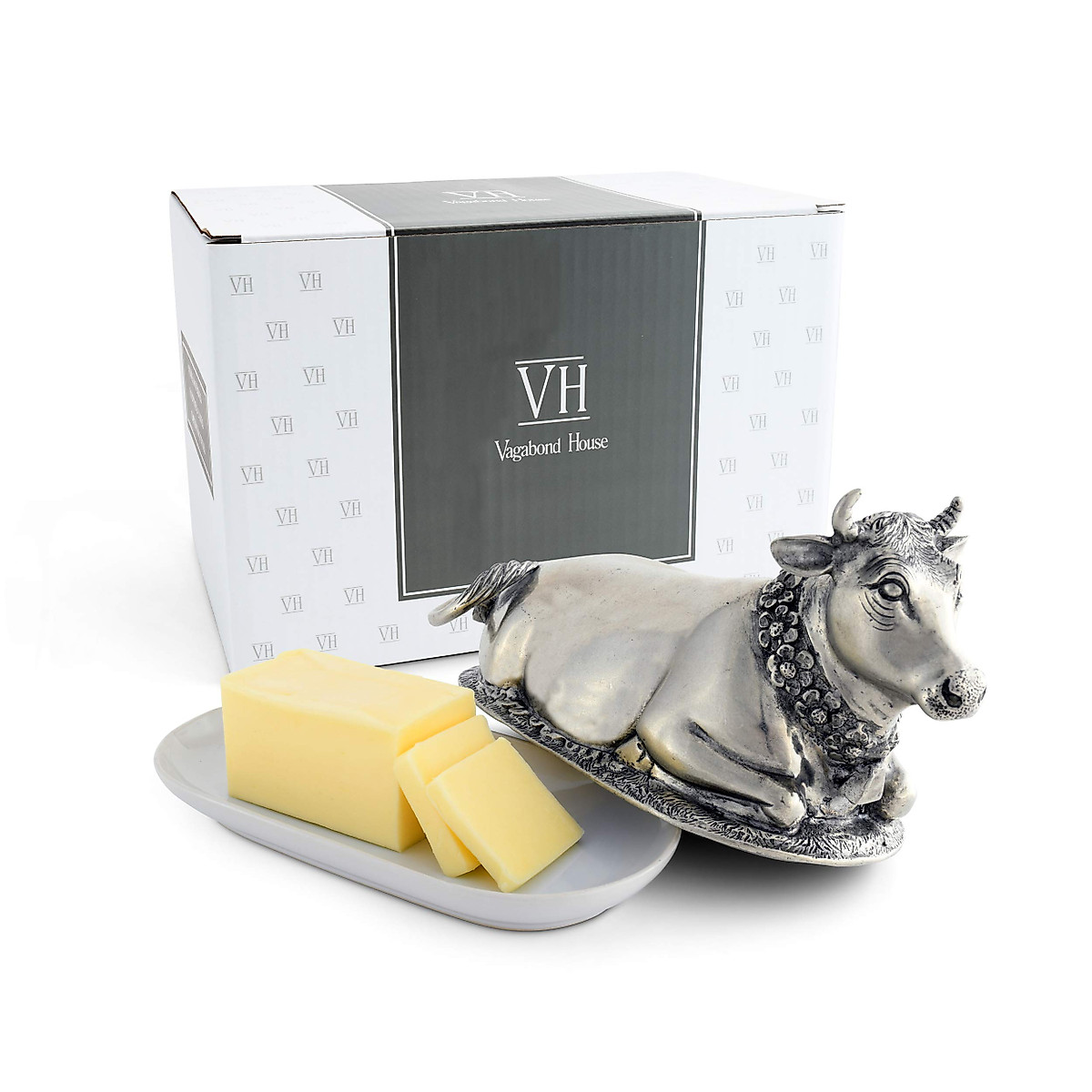 Vagabond House Pewter Metal Mabel the Cow Covered Butter Cream Cheese Dish Container Keeper Heirloom Quality with Stoneware Tray Base 8.5 inch Long