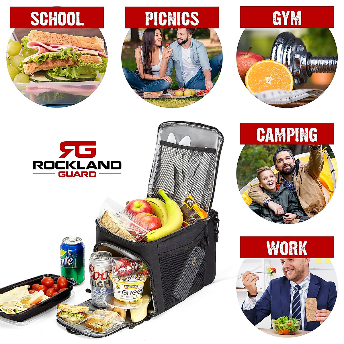 Rockland Guard - Insulated Meal Prep Bag Cooler - Portable Hot or Cold Lunch Box for Meal Management at Work, Gym or Travel. (Black)