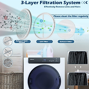 COSTWAY Compact Portable Dryer, Stainless Steel Clothes Dryer with Touch Panel, 2 Modes, 3 Heating Powers and Adjustable Exhaust Vent, 8.8 LBS Front Load Tumble Laundry Dryer for Apartment, Dorm and Home, 1400W, White