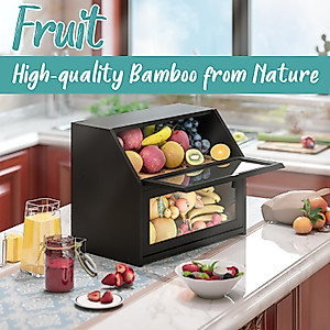 Vriccc Black Bread Box for Kitchen Counter, Bamboo Wood Bread Box, Large Capacity Bread Storage Bin